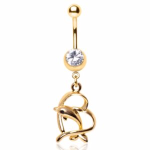 gold plated leaping dolphin and heart dangle navel ring