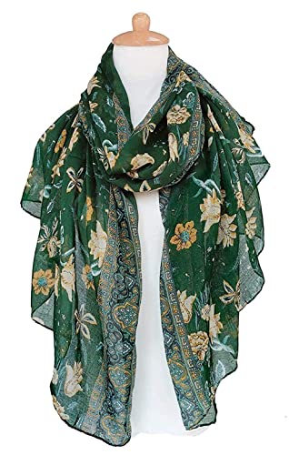 GERINLY Lightweight Scarves Fashion Flowers Print Shawl Wrap Scarf For Women Forest Green Accessory for Beach Boho Scarf (Green)