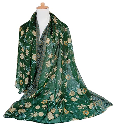 GERINLY Lightweight Scarves Fashion Flowers Print Shawl Wrap Scarf For Women Forest Green Accessory for Beach Boho Scarf (Green)