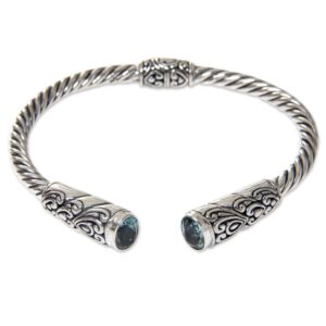 novica artisan handmade blue topaz cuff bracelet on sterling silver hinged from bali indonesia serenity birthstone [6.25 in l (end to end) x 0.4 in w] ' beacon of light'