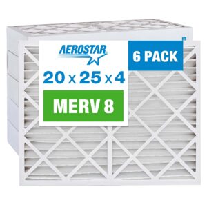 aerostar 20x25x4 merv 8 pleated air filter, ac furnace air filter, 6 pack (actual size: 19 1/2"x24 1/2"x3 3/4"), white