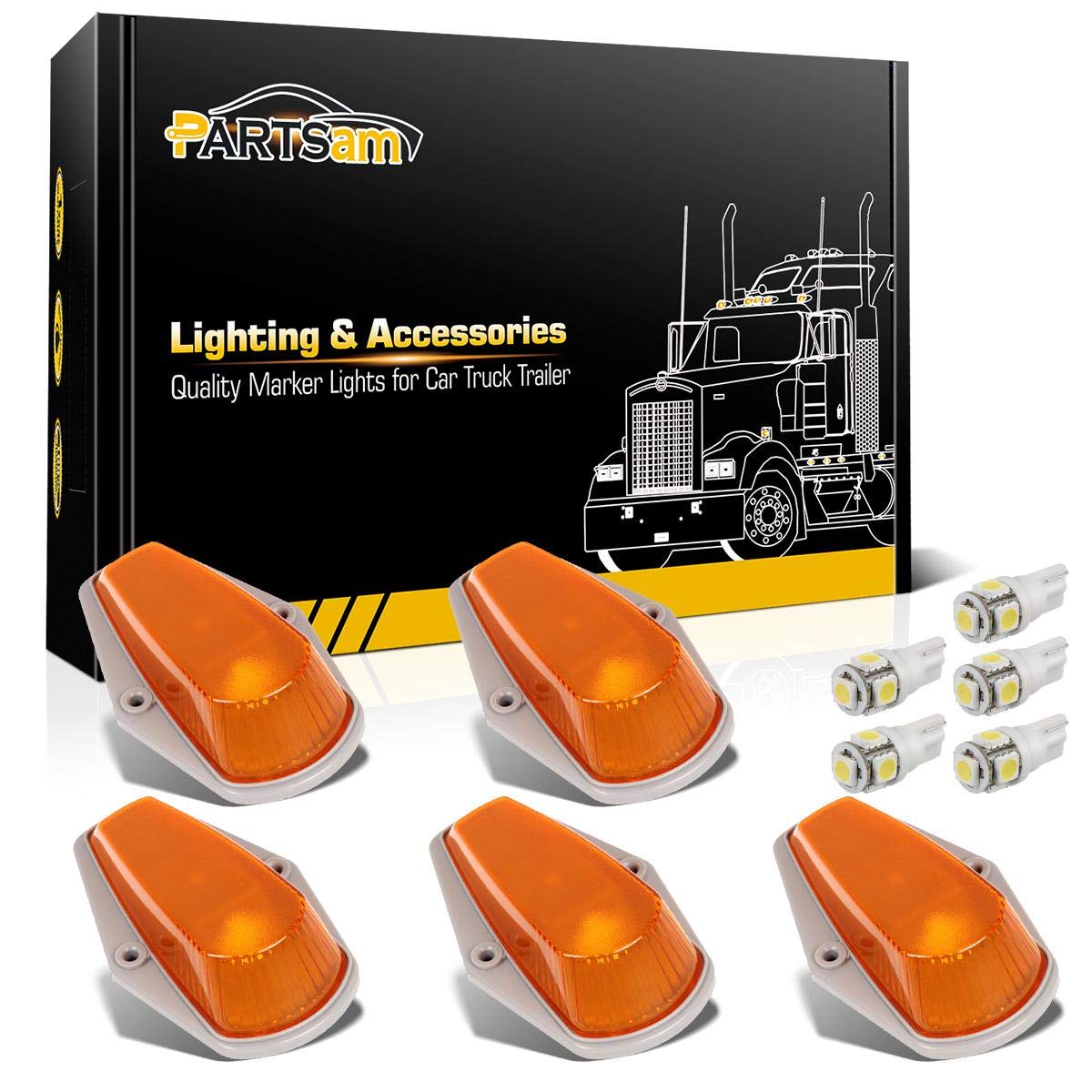 Partsam 5pcs Top Cab Marker Roof Running Light Amber Cover Lens 15442 + 5X 5050 T10 194 LED Bulbs Compatible with Ford F-150 F-250 F-350 1973-1997 F Series Pickup Super Duty Trucks.