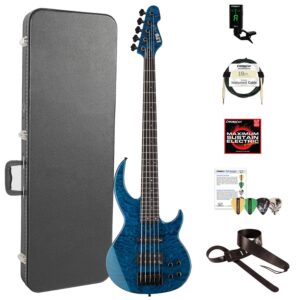 esp lbb1005qmblkaq-kit-2 bunny brunel signature series bb-1005 qm 5-string electric bass, black aqua