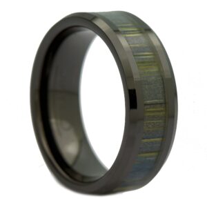 mj metals jewelry 8mm black ceramic ring, inlay made from zebra wood. wedding band ring size 9.5