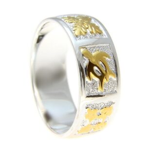 Arthur's Jewelry Sterling silver 925 Hawaiian 2 tone yellow gold plated honu turtle quilt 8mm band ring size 9