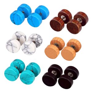 longbeauty 6 pairs fake ear gauge-ear plug-ear stud earring organic wood stone set 8mm