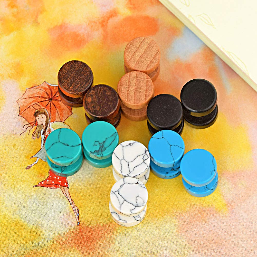 Longbeauty 6 PAIRS Fake Ear Gauge-Ear Plug-Ear Stud Earring Organic Wood Stone Set 8MM