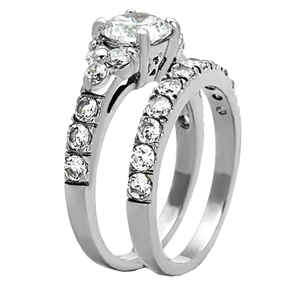 MABELLA 316L Stainless Steel Cubic Zirconia Round Cut Women's Wedding Engagement Bridal Ring Set Size 10