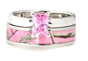 pink women`s stanless steel camo and sterling silver tourmaline engagement wedding rings set (10)