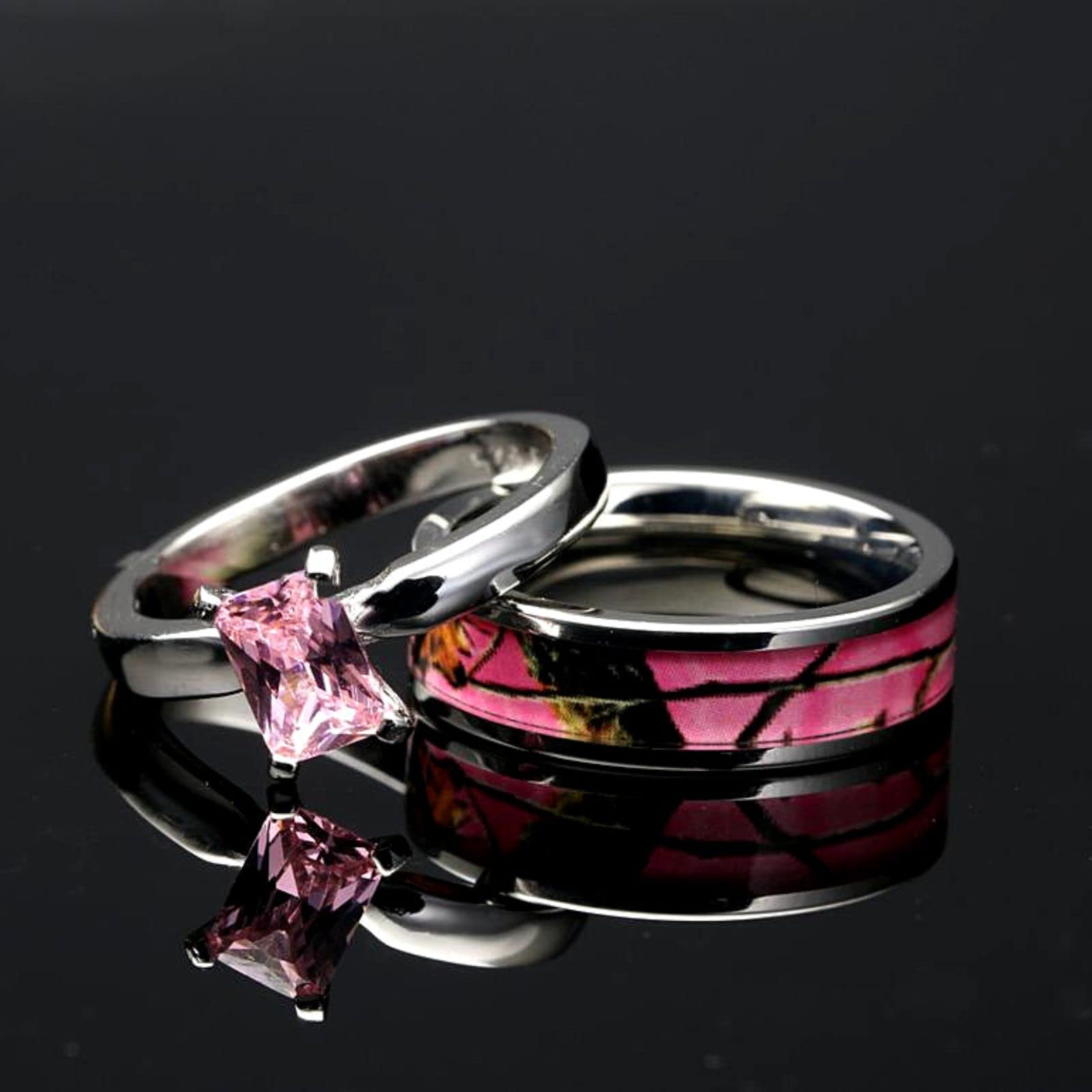 3 pieces Pink Women`s Stanless Steel Camo and Sterling Silver Tourmaline Engagement Wedding Rings Set (8)