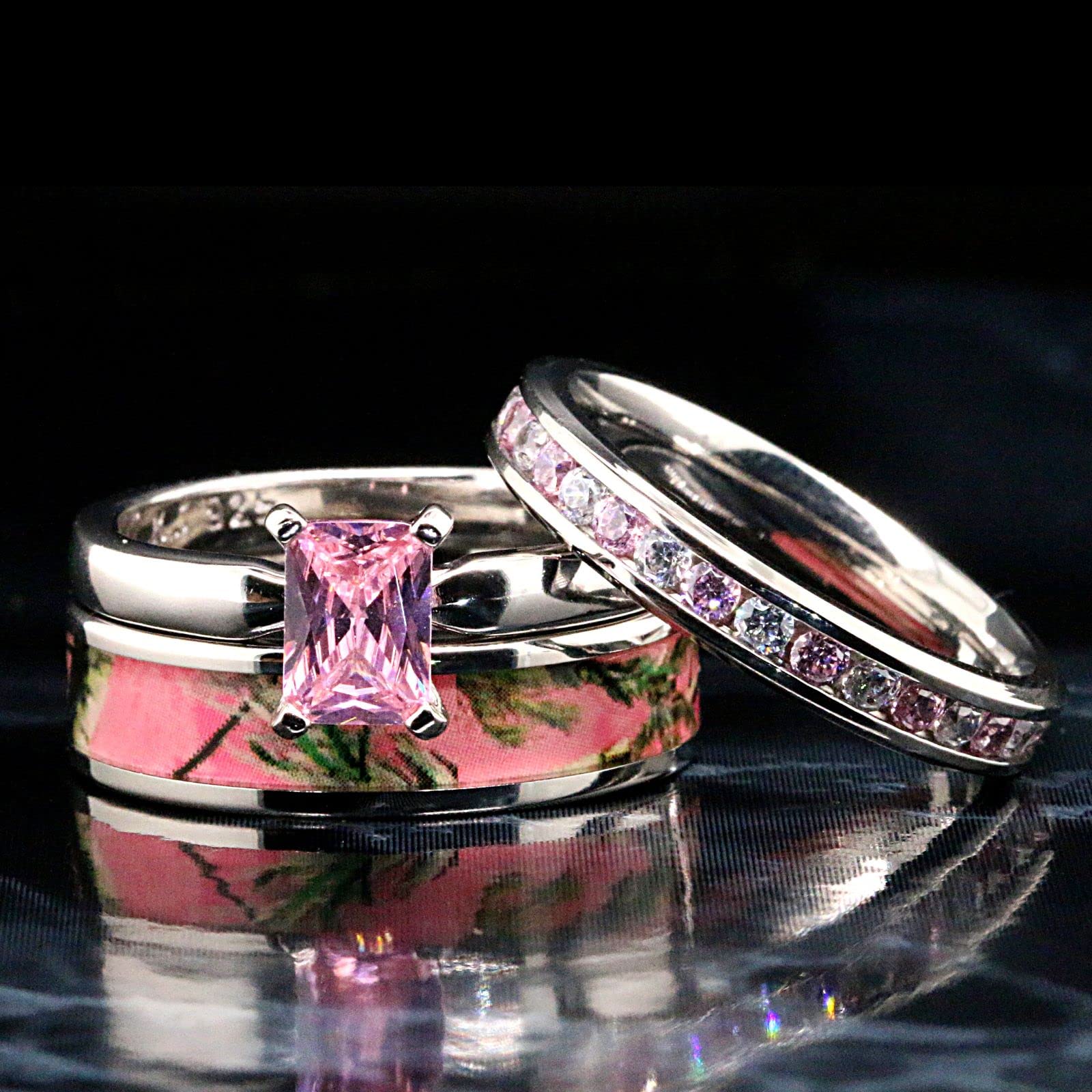 3 pieces Pink Women`s Stanless Steel Camo and Sterling Silver Tourmaline Engagement Wedding Rings Set (8)