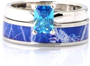 2 pc womens blue camo stainless steel and sterling silver engagement wedding rings set (10)