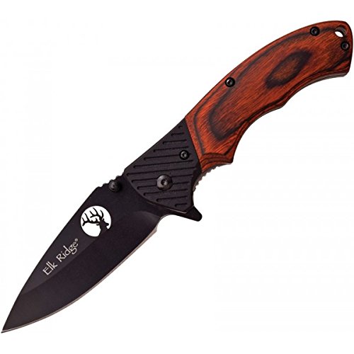 Elk Ridge - Outdoors Folding Knife - 4.5-in Closed, 3.25-in Black Stainless Steel Blade, Brown Wood Handle with Black G10 Bolster, Pocket Clip, Hunting, Camping, Survival, EDC - ER-566BPW