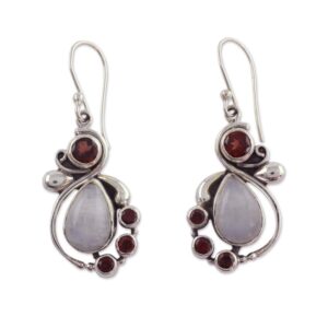 novica artisan handmade garnet rainbow moonstone dangle earrings with sterling silver clear red india birthstone [1.7 in l x 0.4 in w] ' exquisite'