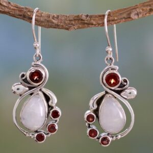 NOVICA Artisan Handmade Garnet Rainbow Moonstone Dangle Earrings with Sterling Silver Clear Red India Birthstone [1.7 in L x 0.4 in W] ' Exquisite'