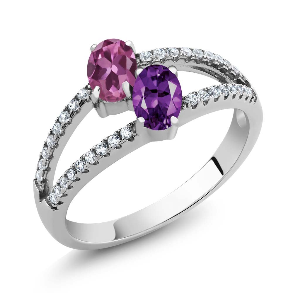 Gem Stone King 925 Sterling Silver Pink Tourmaline and Purple Amethyst 2 Stone Women Ring (1.26 Cttw, Gemstone Birthstone, Available In Size 5, 6, 7, 8, 9)