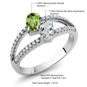 Gem Stone King 925 Sterling Silver Green Peridot and Sky Blue Aquamarine 2 Stone Women's Ring 1.34 cttw (Size 8)