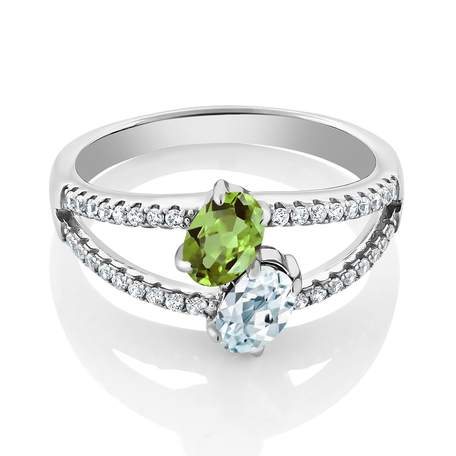 Gem Stone King 925 Sterling Silver Green Peridot and Sky Blue Aquamarine 2 Stone Women's Ring 1.34 cttw (Size 8)