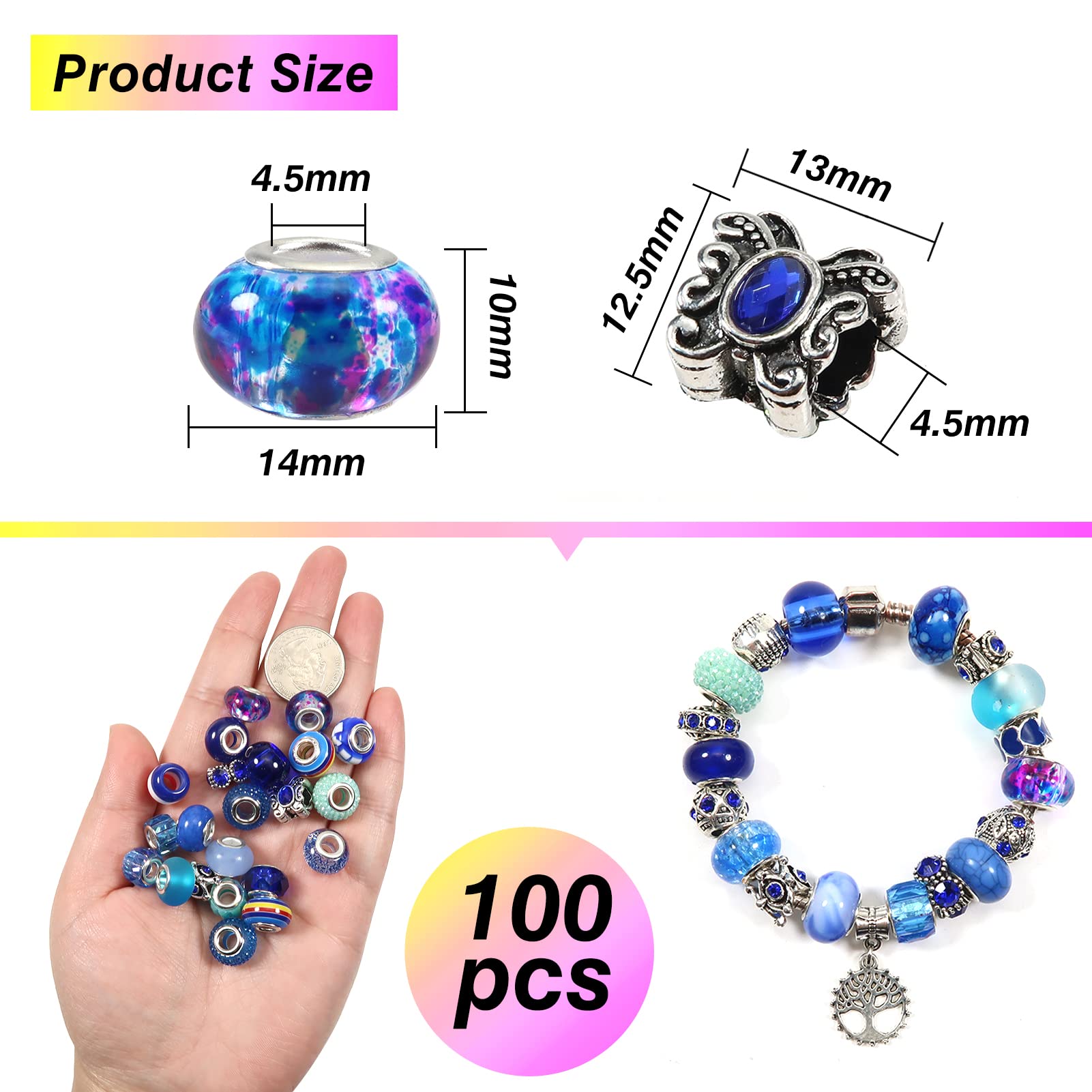 TOAOB 100pcs Assorted Glass European Large Holes Beads Spacer Lampwork Craft Beads Rhinestone Metal Beads for DIY Charms Bracelet Necklace Jewelry Making