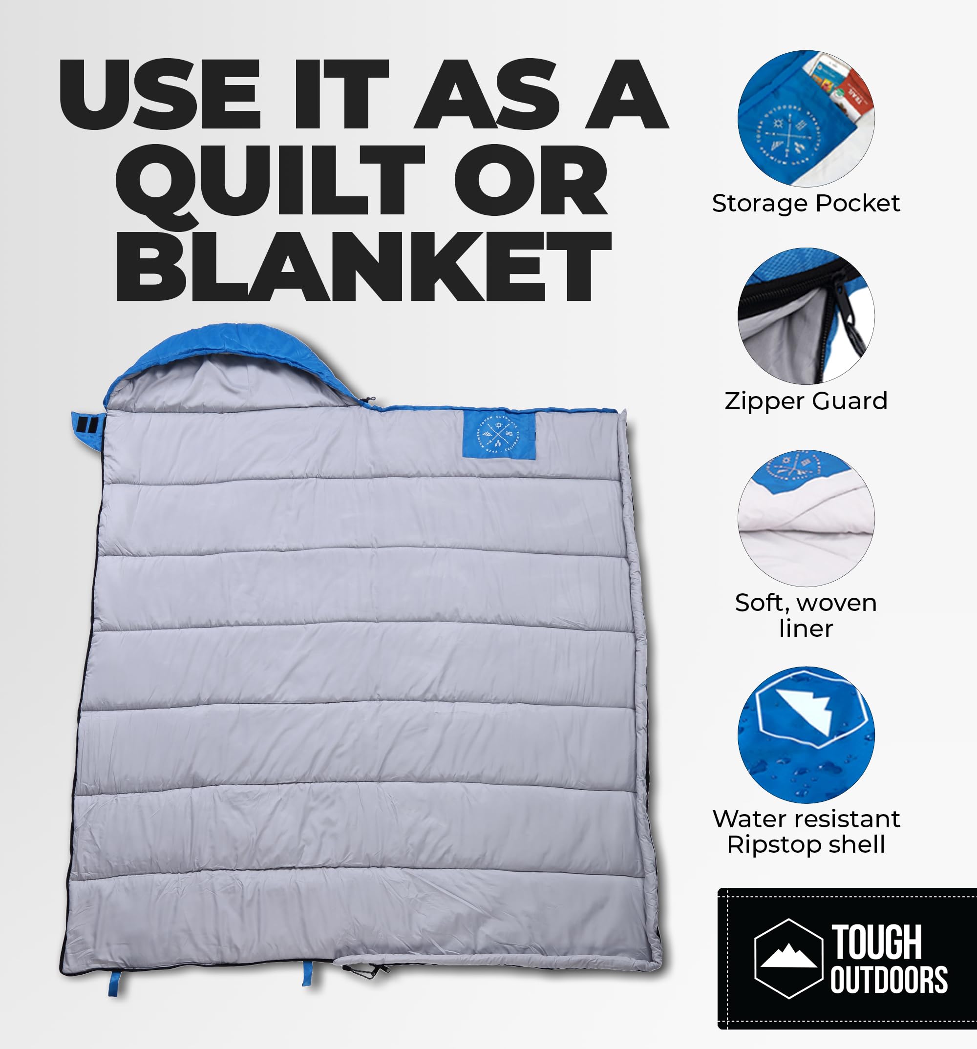 Tough Outdoors Extra Large Sleeping Bag - Adult Sleeping Bag Camping & Backpacking - 3-Season Fall, Spring, Summer Sleeping Bag - Lightweight Waterproof Compact Sleeping Bag w/Compression Sack