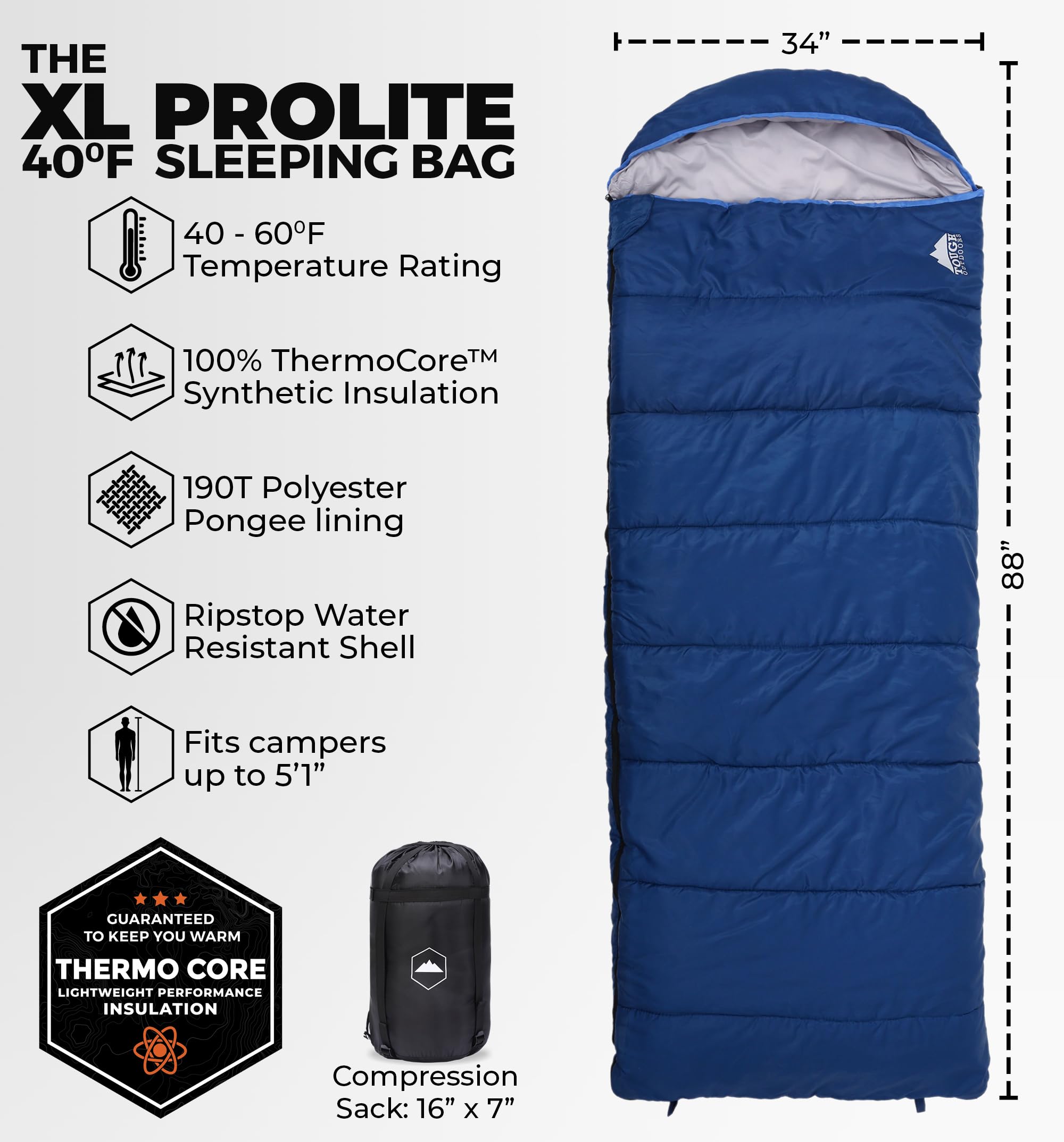 Tough Outdoors Extra Large Sleeping Bag - Adult Sleeping Bag Camping & Backpacking - 3-Season Fall, Spring, Summer Sleeping Bag - Lightweight Waterproof Compact Sleeping Bag w/Compression Sack