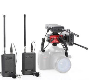 saramonic dual wireless vhf lavalier microphone bundle with 2 transmitters, 2 receivers and audio mixer for dslr cameras