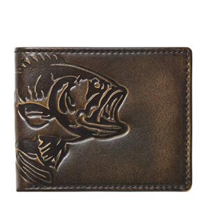 hoj co. bass fish bifold wallet for men | extra capacity two id windows | full grain leather with hand burnished finish | multi card capacity | outdoor sportsman men's wallet