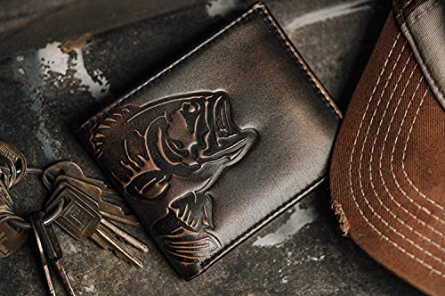 HoJ Co. BASS FISH Bifold Wallet for Men | Extra Capacity Two ID Windows | Full Grain Leather With Hand Burnished Finish | Multi Card Capacity | Outdoor Sportsman Men's Wallet