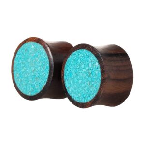 pierced owl synthetic crushed turquoise inlay organic wood saddle fit plugs ear gauges (12mm (1/2"))