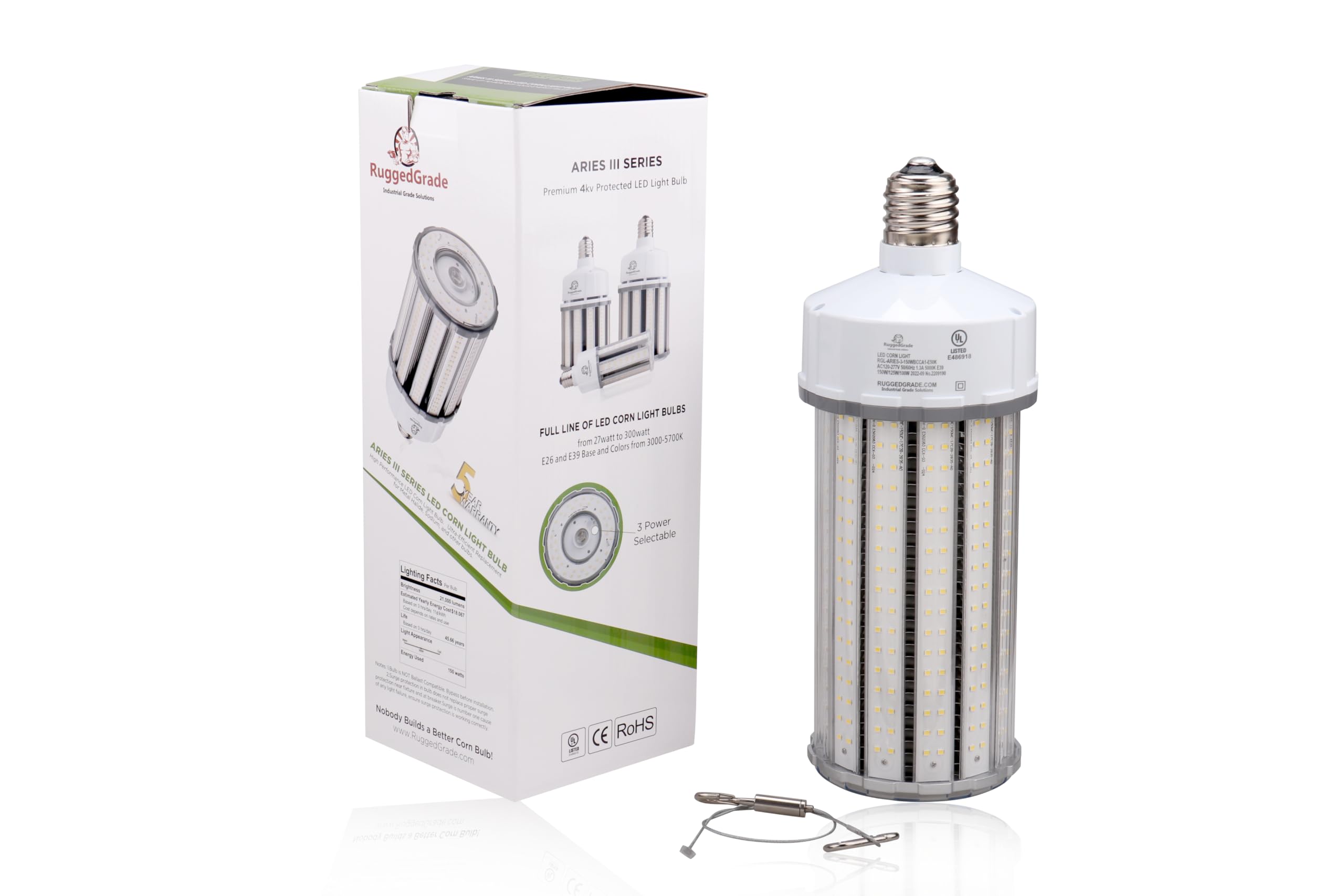 RuggedGrade 150 Watt - Aries III Series LED Corn Bulb - 5000K - 22,200 Lumens - E39 Base - Dimmable