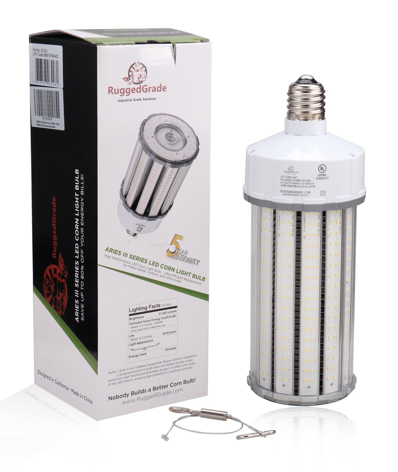 RuggedGrade 150 Watt - Aries III Series LED Corn Bulb - 5000K - 22,200 Lumens - E39 Base - Dimmable