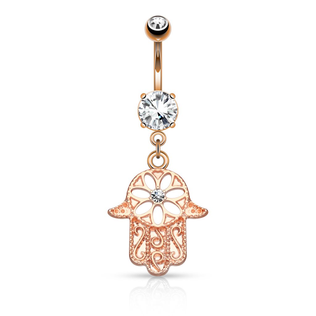 Pierced Owl 14GA Stainless Steel Beaded Outline Hamsa Hand with CZ Crystal Center Dangling Belly Button Ring (14kt Rose Gold Plated)