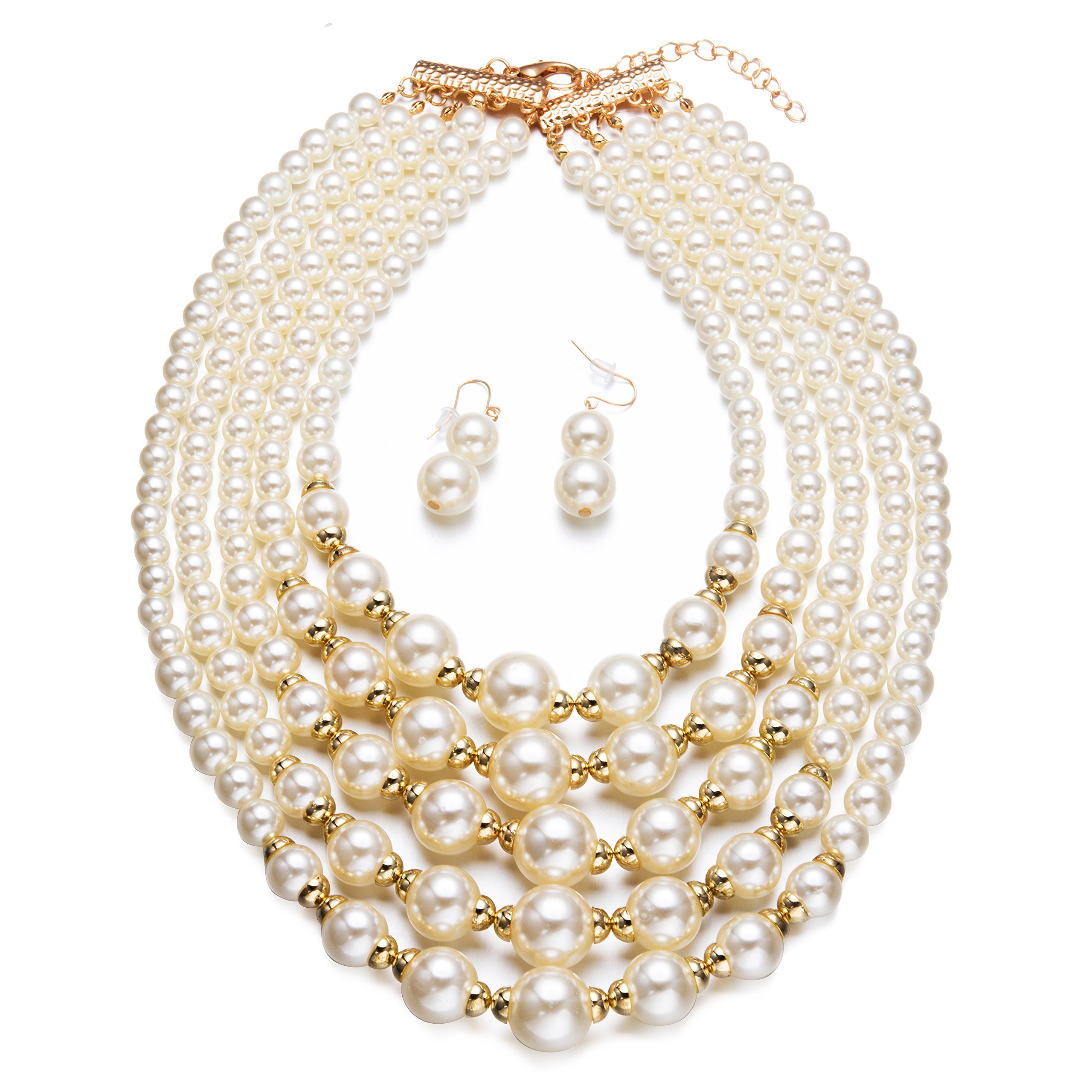 Yuhuan Women Elegant Pearl Jewelry Bead Cluster Collar Bib Choker Necklace and Earrings Set (Ivory)