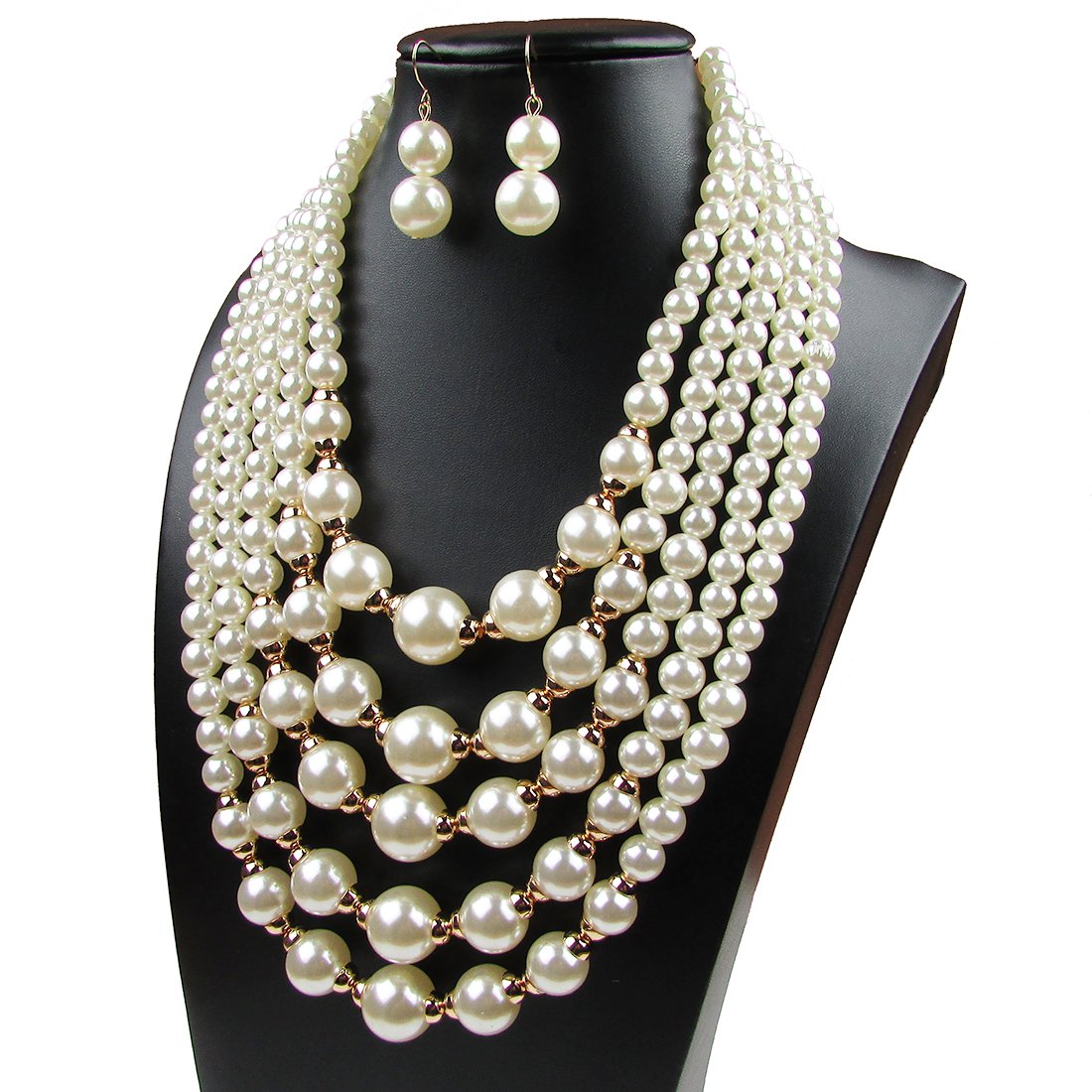 Yuhuan Women Elegant Pearl Jewelry Bead Cluster Collar Bib Choker Necklace and Earrings Set (Ivory)