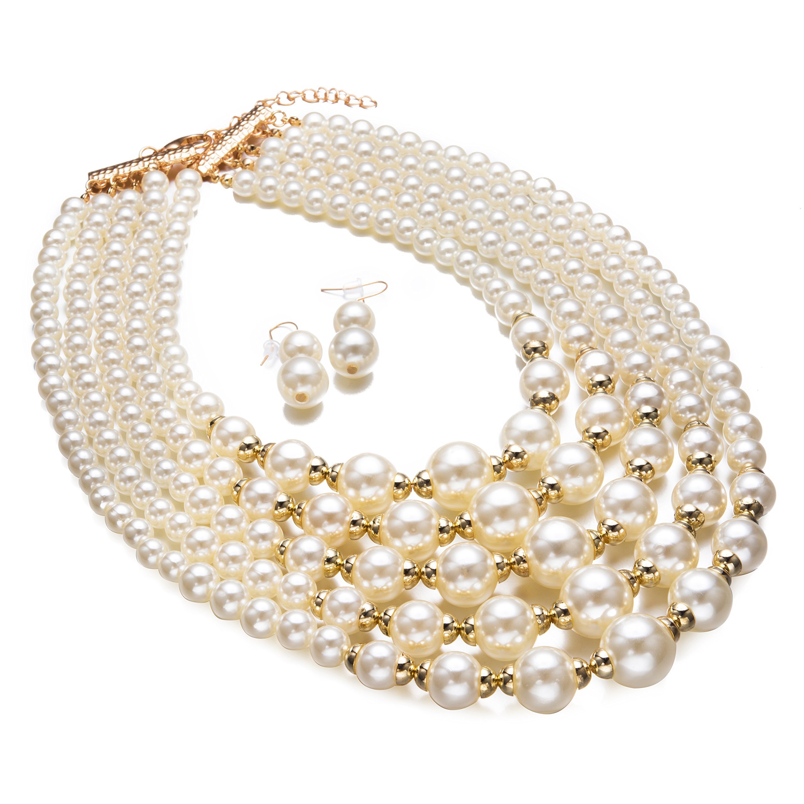 Yuhuan Women Elegant Pearl Jewelry Bead Cluster Collar Bib Choker Necklace and Earrings Set (Ivory)