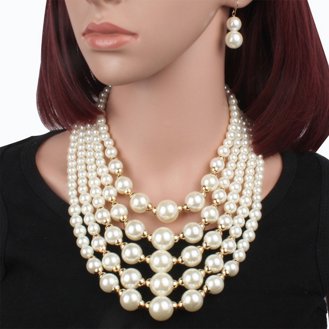 Yuhuan Women Elegant Pearl Jewelry Bead Cluster Collar Bib Choker Necklace and Earrings Set (Ivory)