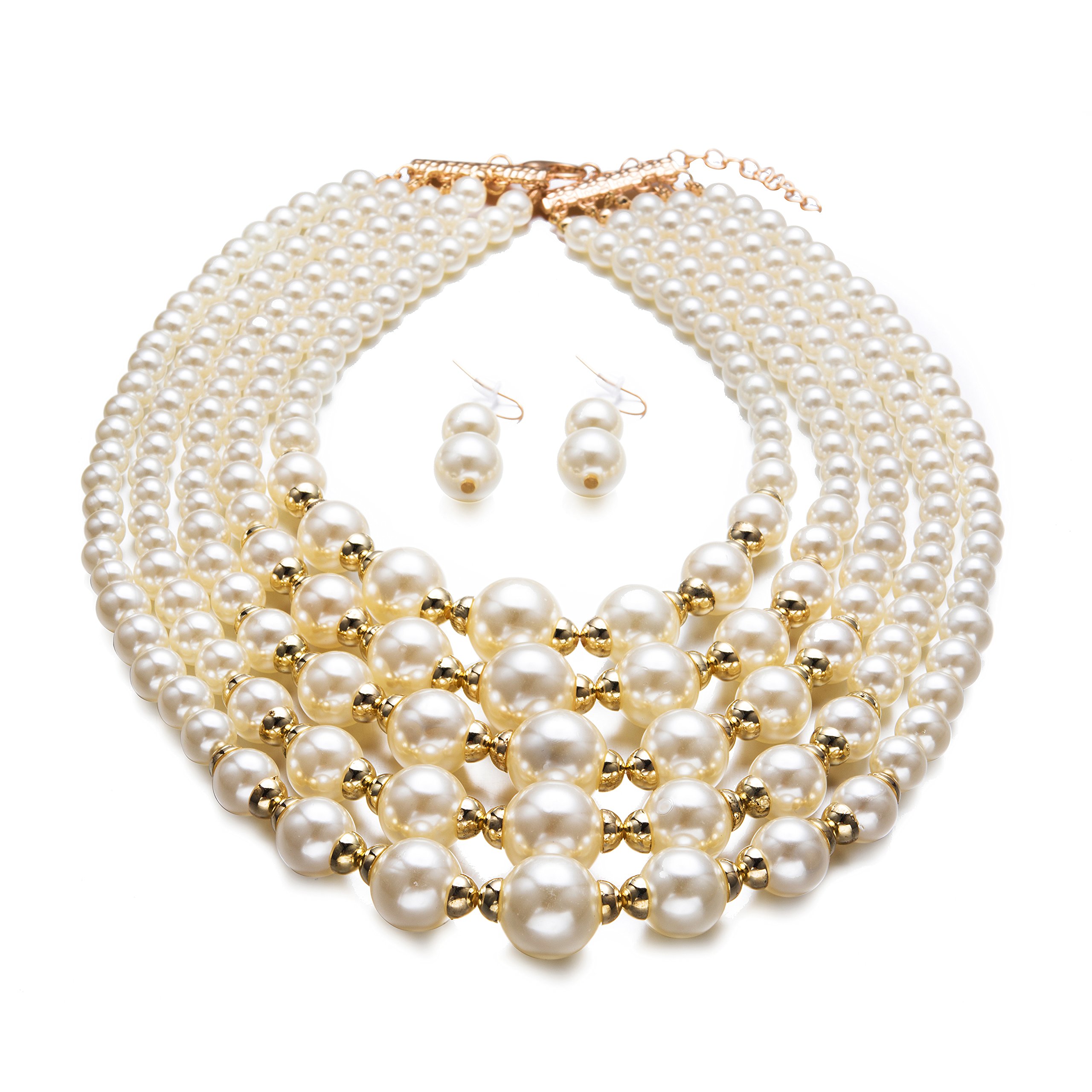 Yuhuan Women Elegant Pearl Jewelry Bead Cluster Collar Bib Choker Necklace and Earrings Set (Ivory)