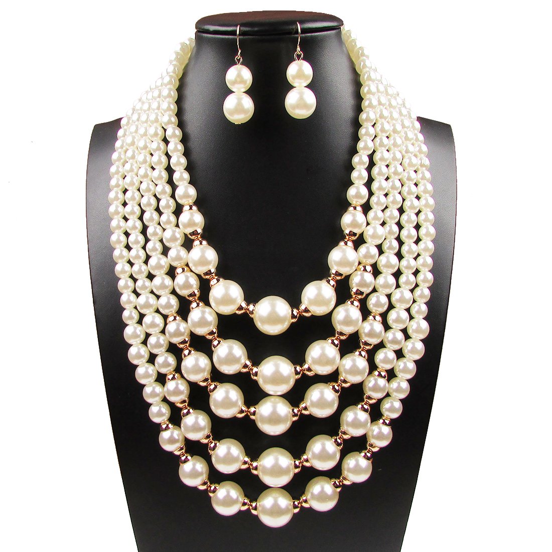 Yuhuan Women Elegant Pearl Jewelry Bead Cluster Collar Bib Choker Necklace and Earrings Set (Ivory)