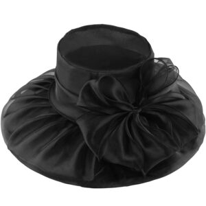 Acecharming Womens Sun Hat Organza Wide Brim Wedding Hats Ladies Summer Gauze Cap for Church Wedding Party Beach Travel Outgoing(Black)