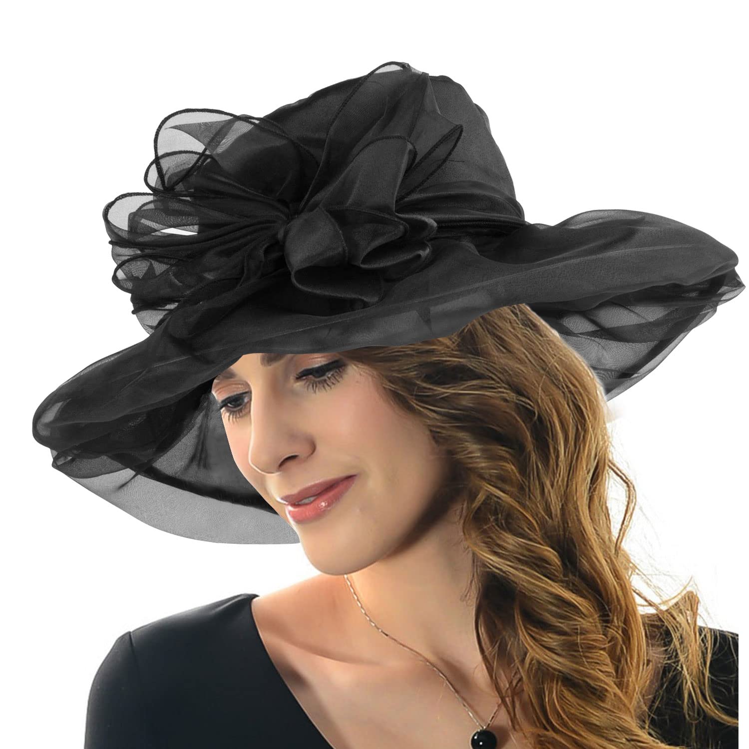 Acecharming Womens Sun Hat Organza Wide Brim Wedding Hats Ladies Summer Gauze Cap for Church Wedding Party Beach Travel Outgoing(Black)