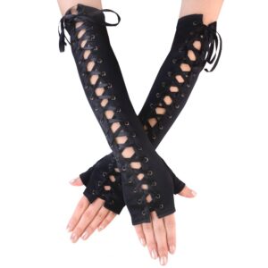 jisen womens full length fingerless lace up arm warmer satin gloves black