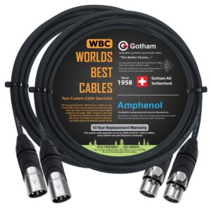 2 units - 8 foot - gotham gac-4/1 (black) - star quad, dual shielded balanced male to female microphone cables with amphenol ax3m & ax3f silver xlr connectors - custom made by worlds best cables