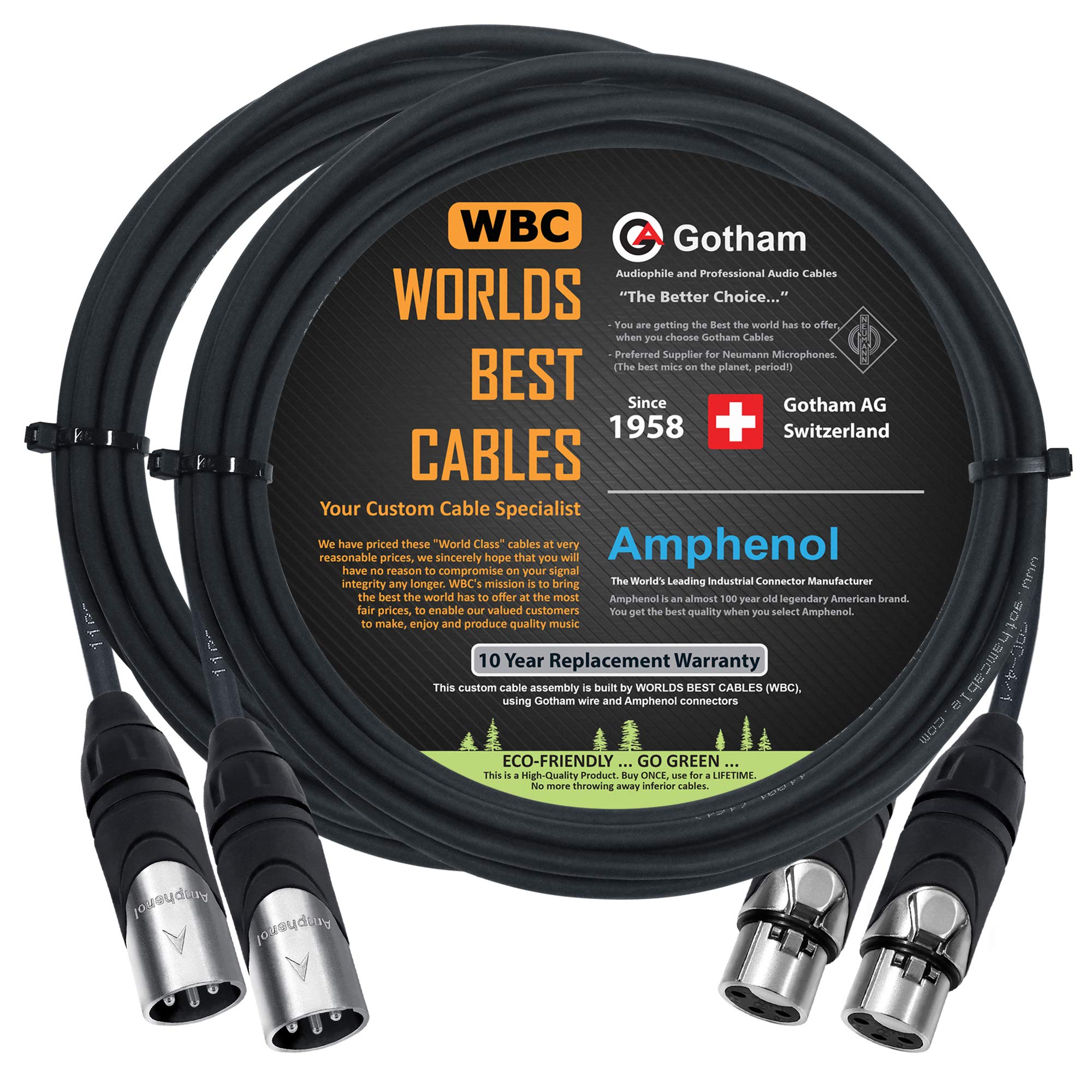 2 Units - 8 Foot - Gotham GAC-4/1 (Black) - Star Quad, Dual Shielded Balanced Male to Female Microphone Cables with Amphenol AX3M & AX3F Silver XLR Connectors - Custom Made by WORLDS BEST CABLES