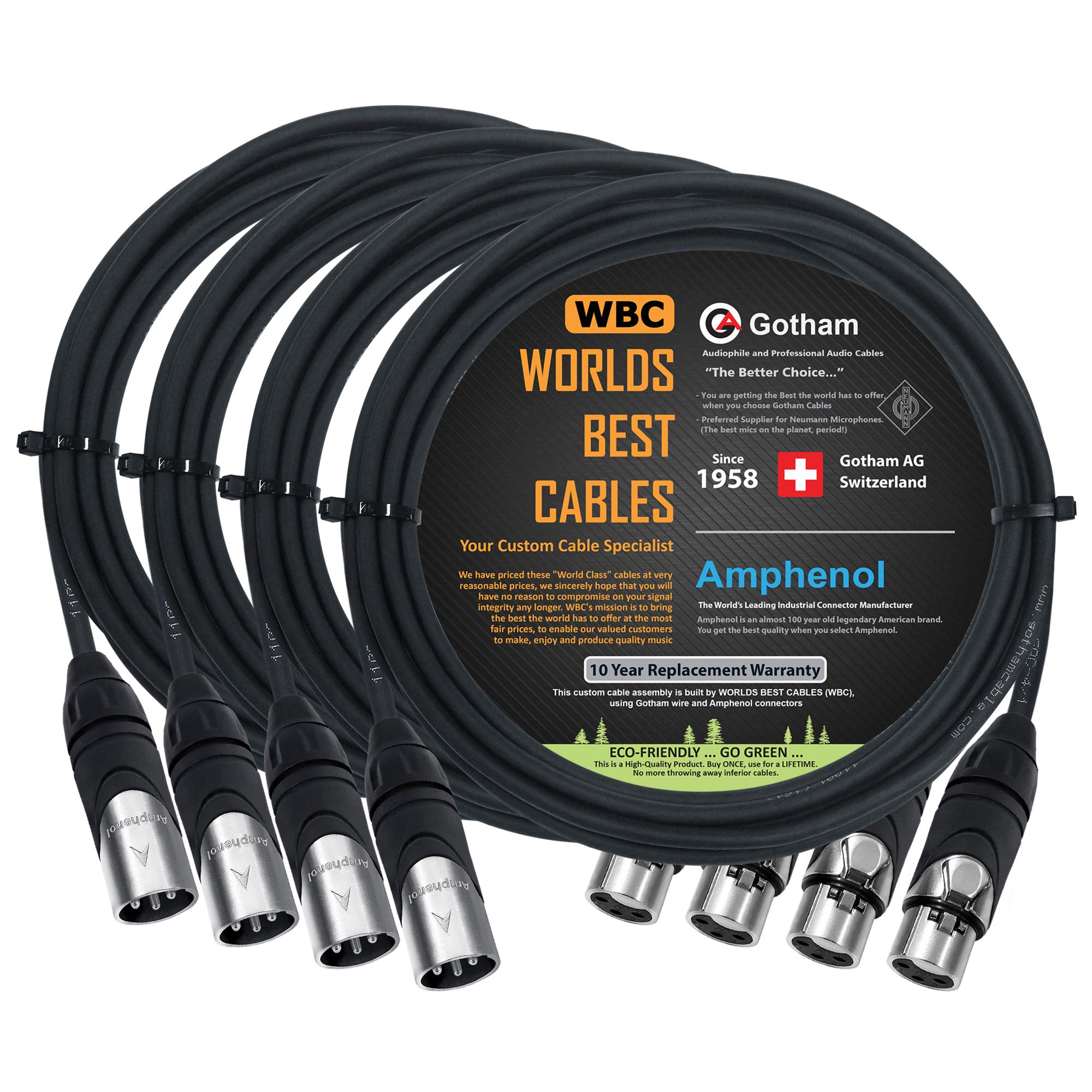 4 Units - 10 Foot - Gotham GAC-4/1 (Black) - Star Quad, Dual Shielded Balanced Male to Female Microphone Cables with Amphenol AX3M & AX3F Silver XLR Connectors - Custom Made by WORLDS BEST CABLES