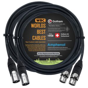 2 units - 25 foot - gotham gac-4/1 (black) - star quad, dual shielded balanced male to female microphone cables with amphenol ax3m & ax3f silver xlr connectors - custom made by worlds best cables