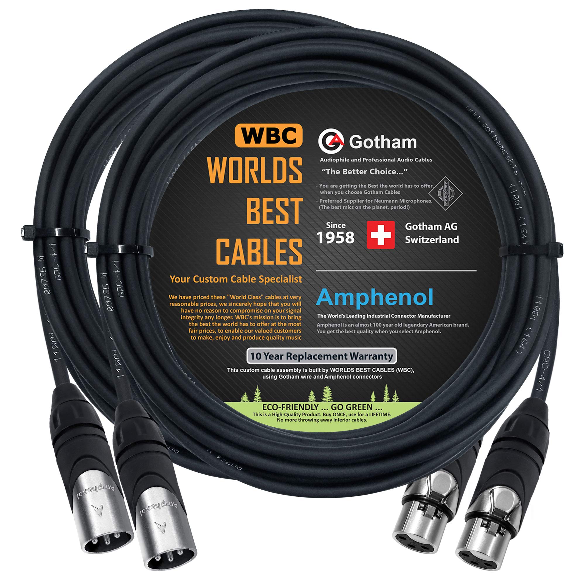 2 Units - 25 Foot - Gotham GAC-4/1 (Black) - Star Quad, Dual Shielded Balanced Male to Female Microphone Cables with Amphenol AX3M & AX3F Silver XLR Connectors - Custom Made by WORLDS BEST CABLES