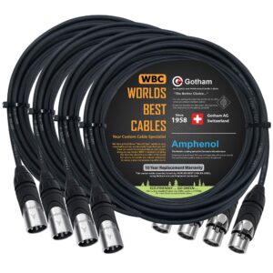 worlds best cables 4 units - 25 foot - gotham gac-4/1 (black) - star quad, dual shielded balanced male to female microphone cables with amphenol ax3m & ax3f silver xlr connectors - custom made