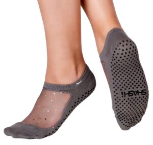 shashi star mesh socks - with grip for yoga - non slip - w/storage pouch pilates barre workout socks - for women -star glitter charcoal-medium