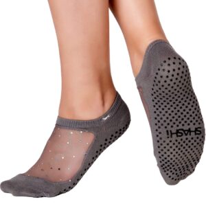 SHASHI Star Mesh Socks - With Grip For Yoga - Non Slip - W/Storage Pouch Pilates Barre Workout Socks - For Women -Star Glitter Charcoal-Medium