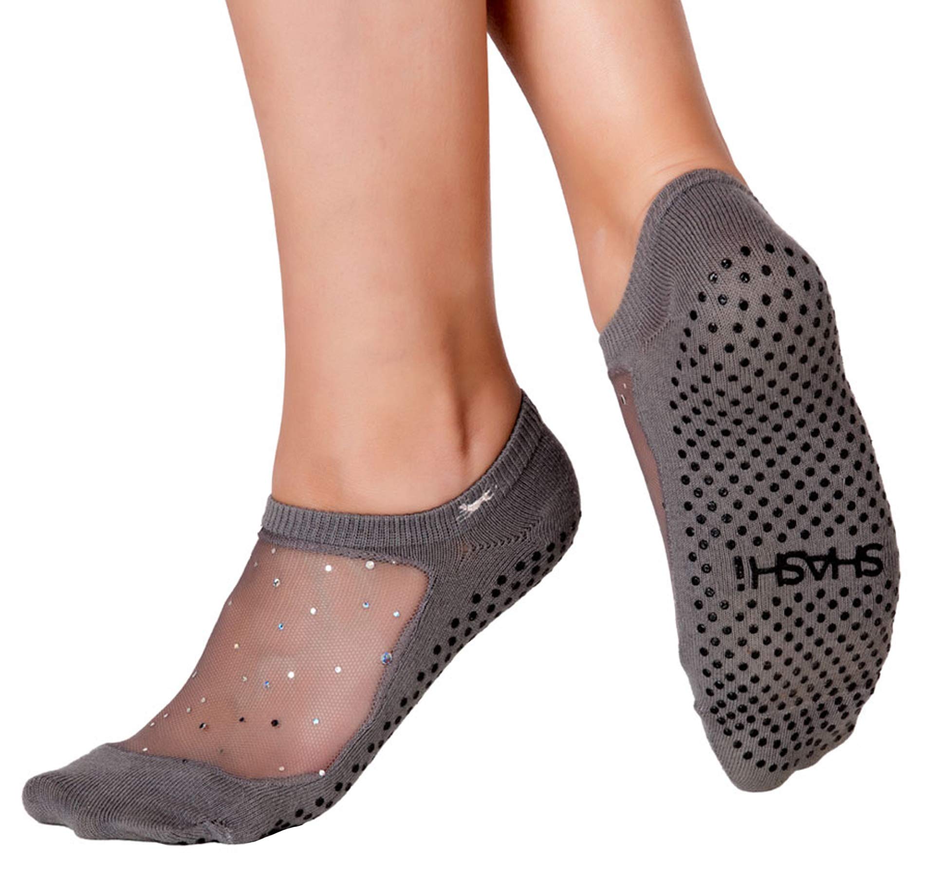 SHASHI Star Mesh Socks - With Grip For Yoga - Non Slip - W/Storage Pouch Pilates Barre Workout Socks - For Women -Star Glitter Charcoal-Medium